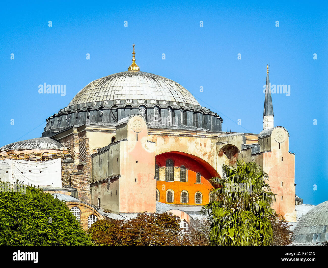 Facade of Hagia Sofia and its cupola against the blue sky, Istanbul ...