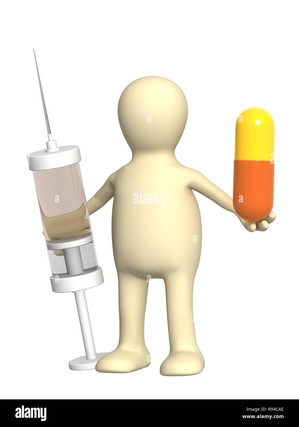 3d puppet with pill and syringe. Isolated over white Stock Photo - Alamy