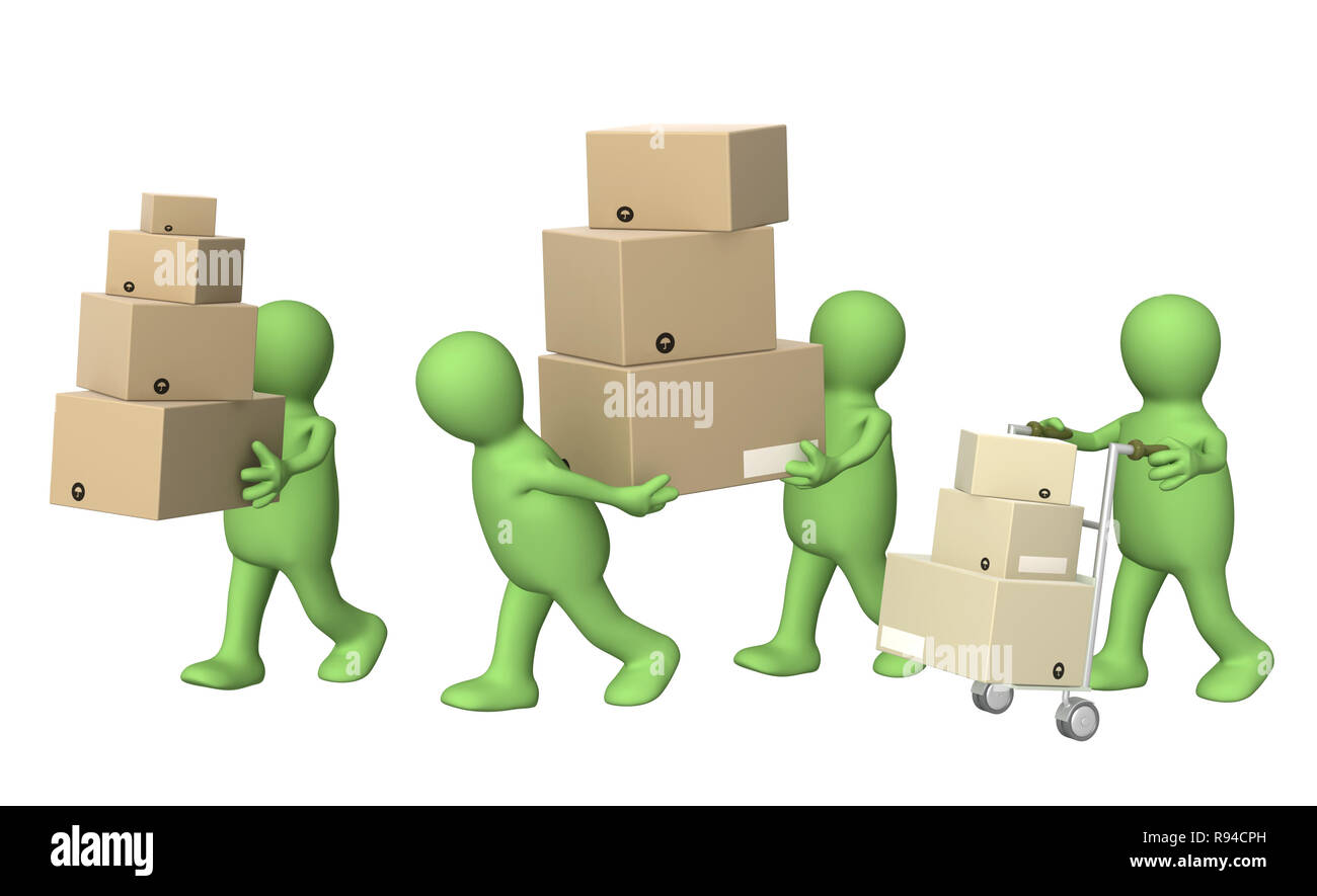 Four puppets with boxes. Isolated over white Stock Photo - Alamy