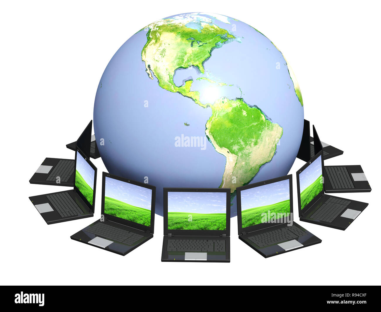 Conceptual image - global communication. Laptops around Earth Stock ...