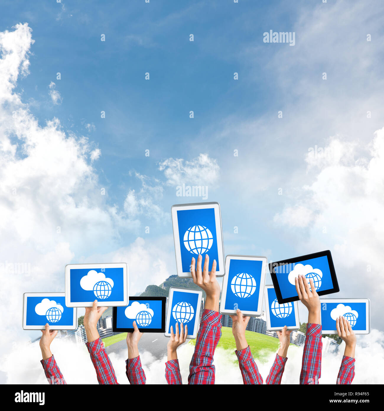 Close of woman hands in line showing tablet pc with blank blue screen ...