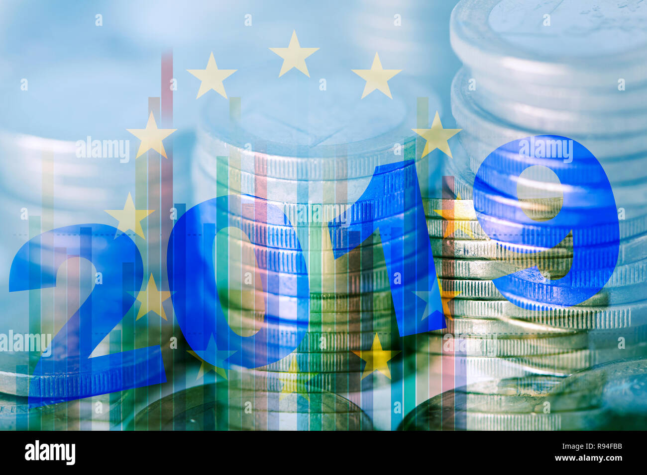 a multiple exposure of some piles of euro coins, some charts, the flag ...