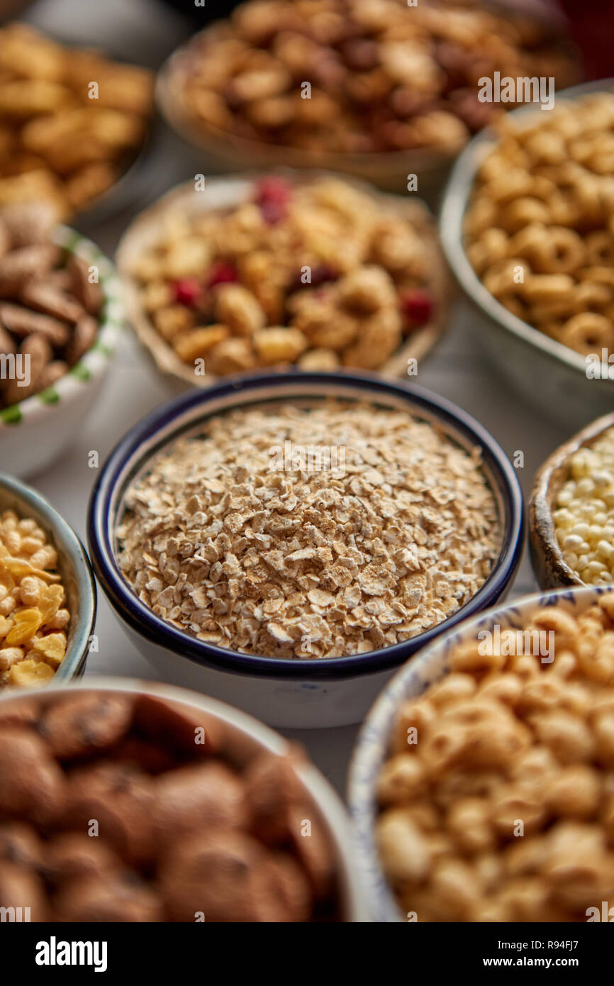 Close up and selective focus. Composition of different kinds cereals ...
