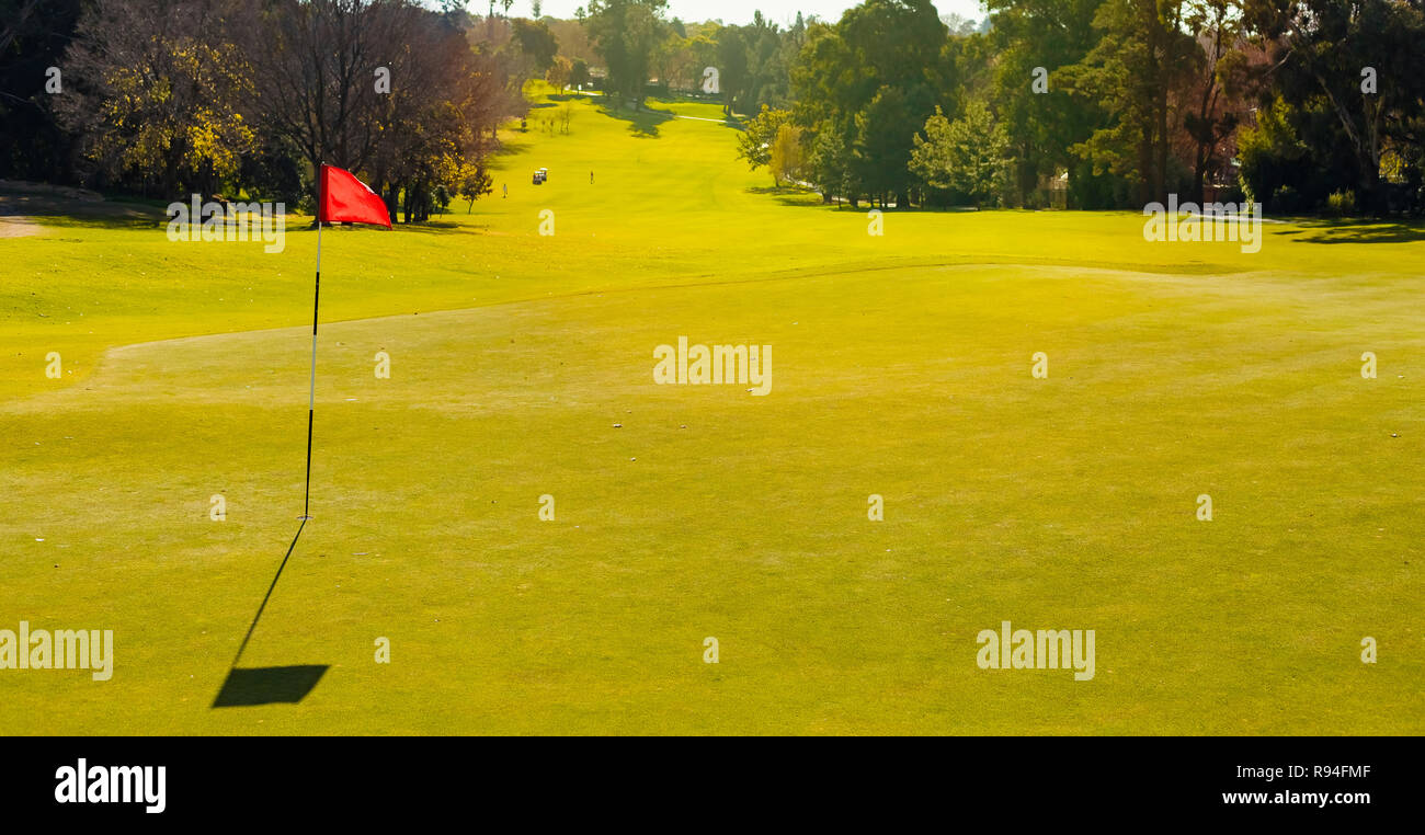Golf Course putting green hole with flag in afternoon light with shadow ...