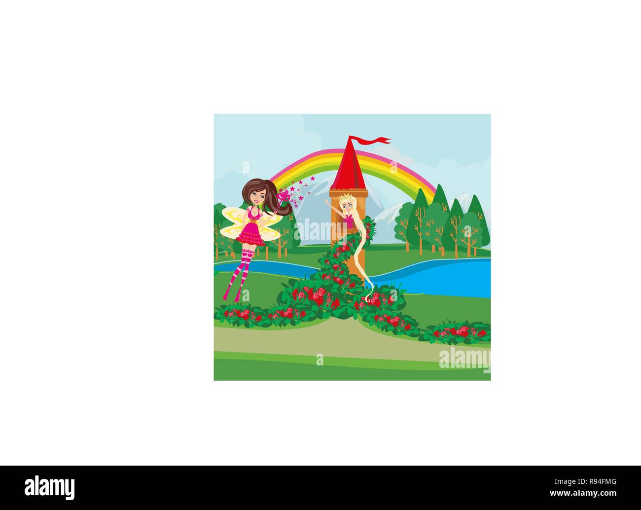 Landscape with fairytale tower and beautiful princess Stock Vector ...