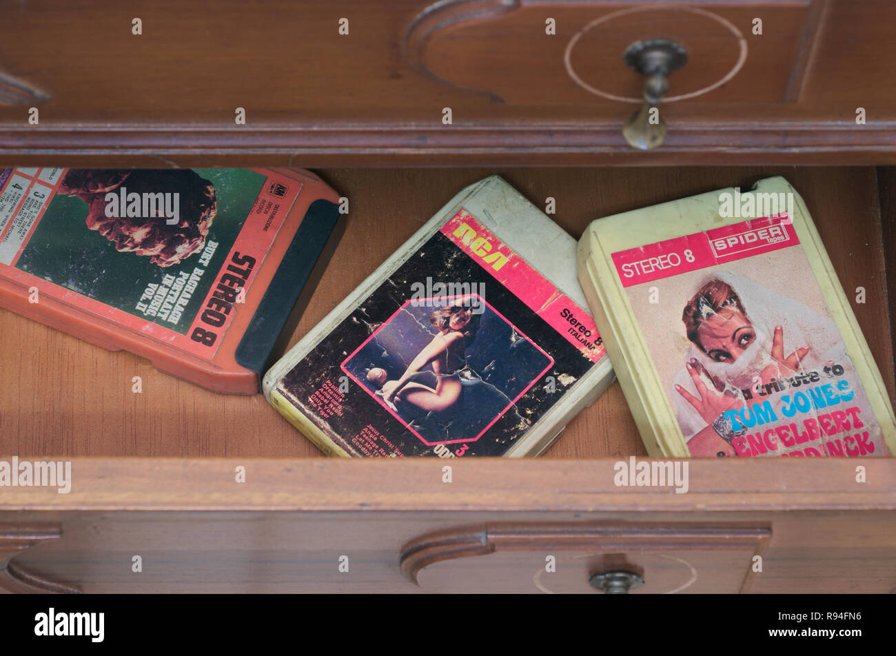 8-track stereo music cassettes from the 1970's in a drawer of a dresser ...