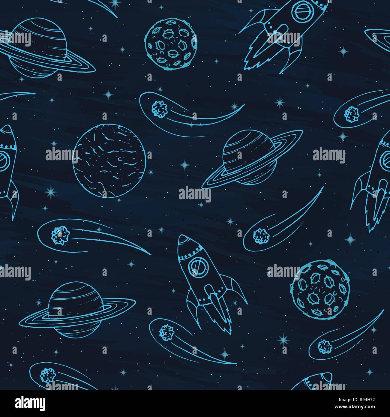 Vector Hand drawn seamless pattern with Jupiter, Mars, Saturn, Neptune ...