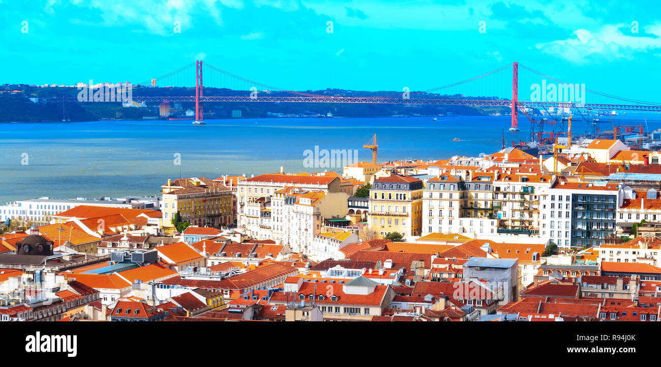 Lisbon, Portugal panoramic banner view with River Tagus and Ponte de ...