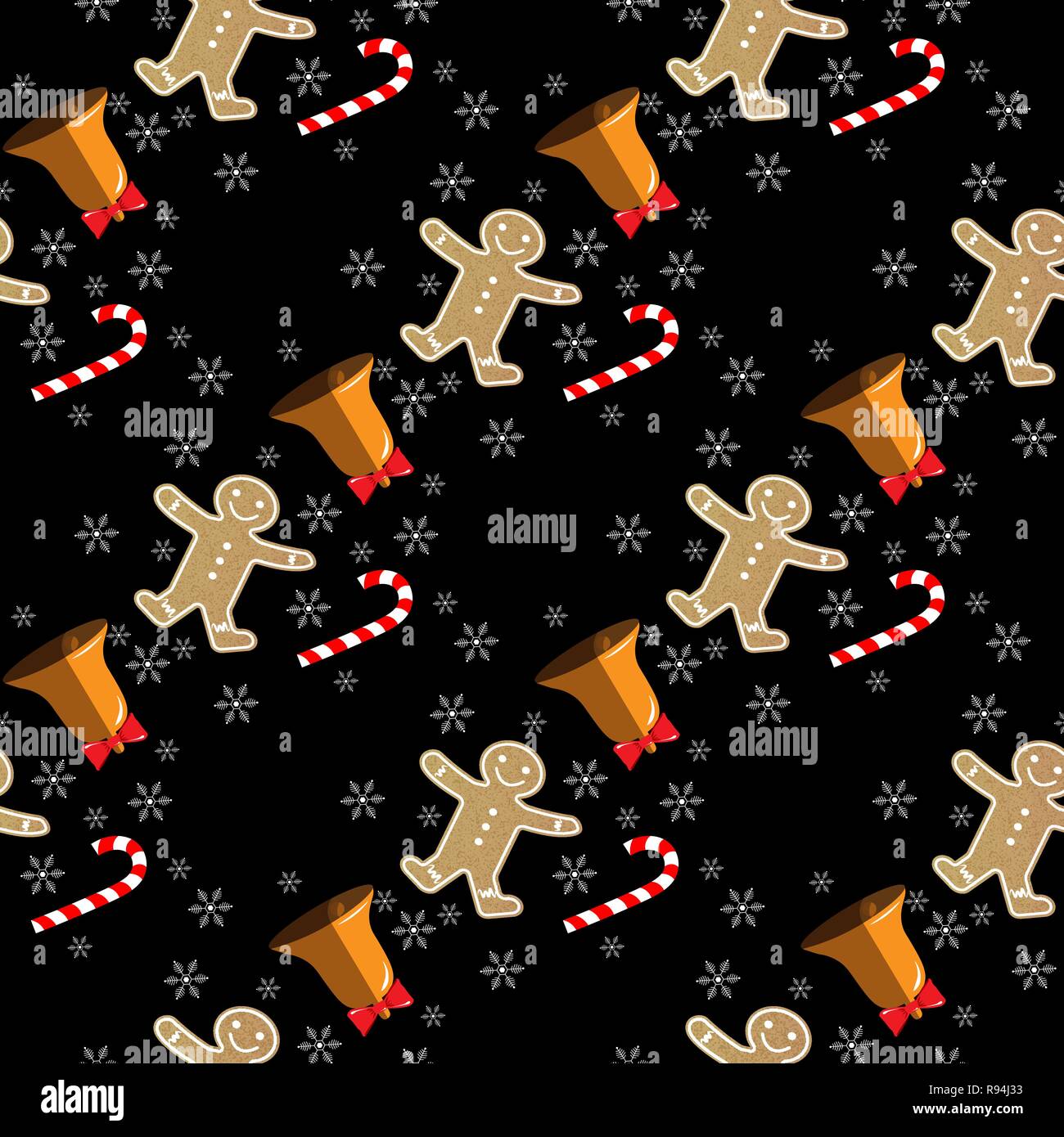 Christmas seamless pattern with bell, gingerbread man, candy and ...