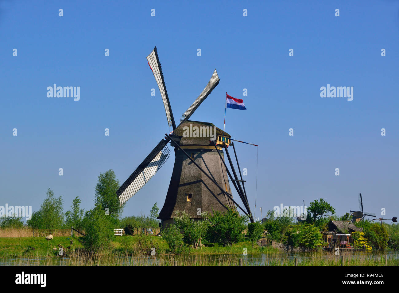 Famous Windmills beside canals at the Unesco World Site of Kinderdijk ...