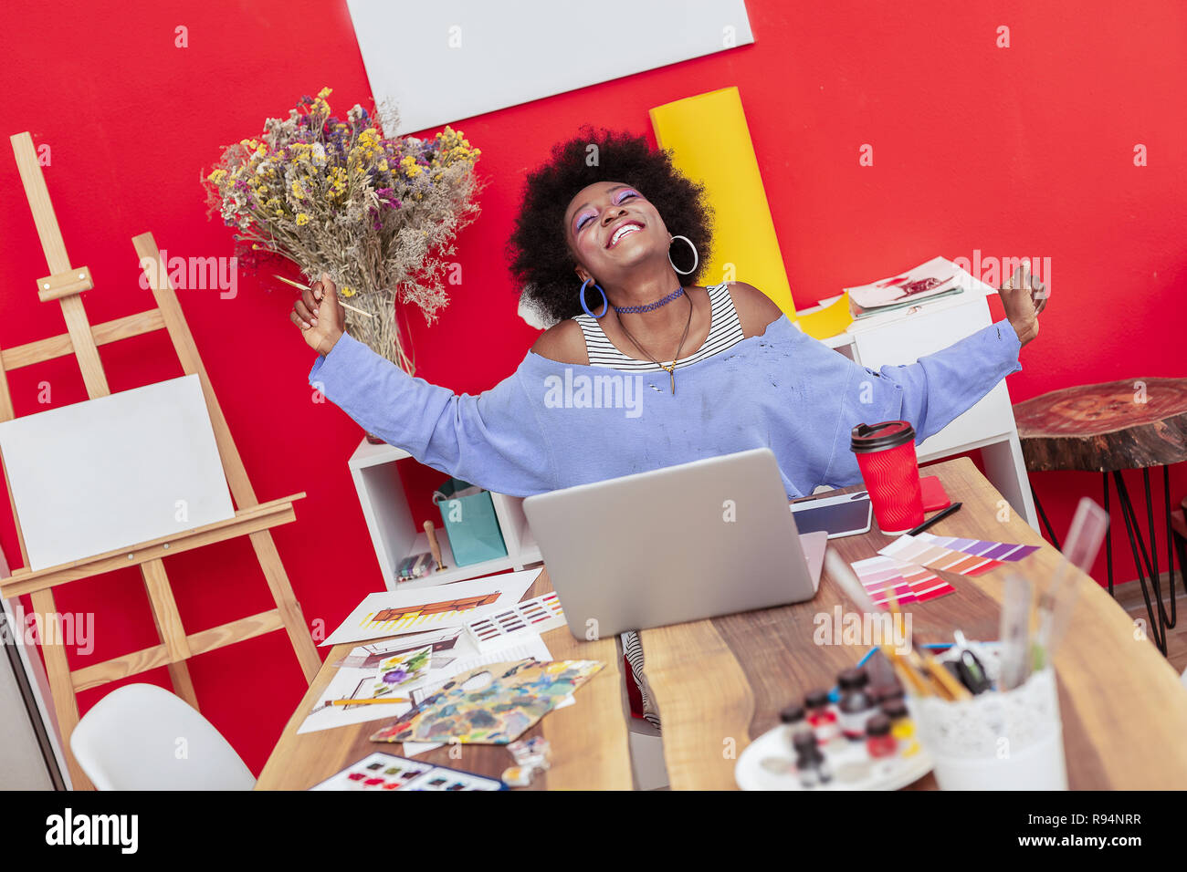 Interior designer feeling happy after finishing important project Stock ...