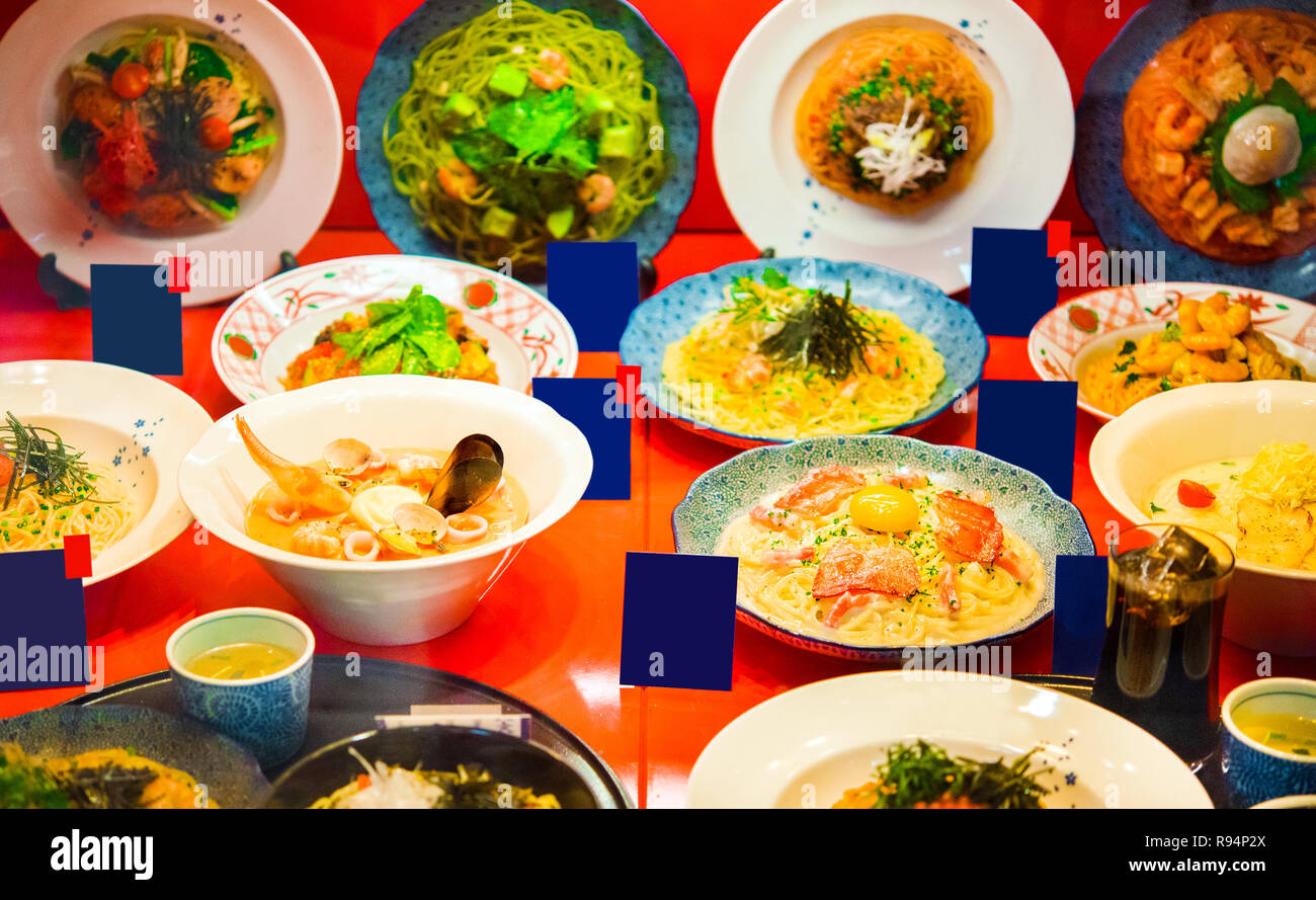 Showcase restaurant with mock up dishes. Dishes in the restaurant with ...