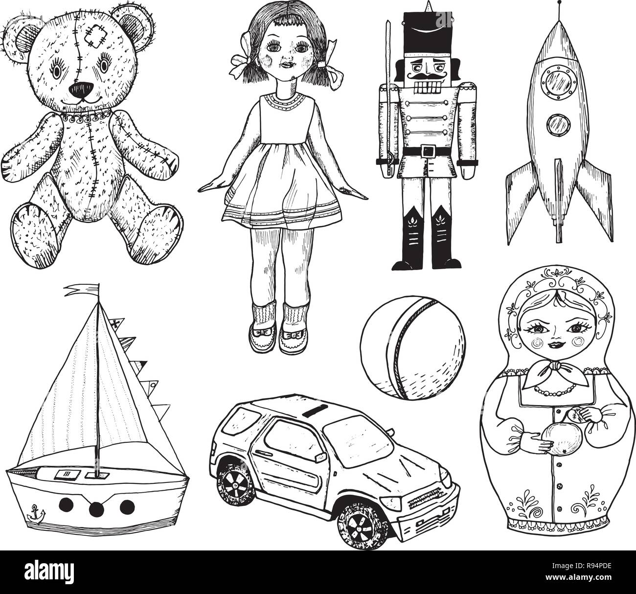 Children toy for children. Doll, Tin soldier, Matryoshka, rocket and ...