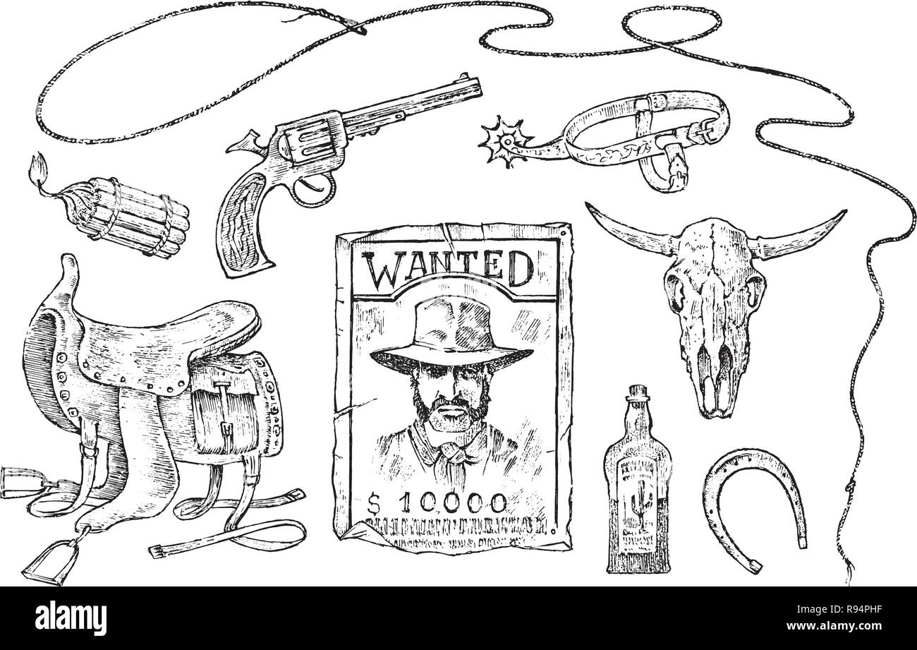 Set of cowboys. Western icons, Texas Rangers. Wild West. Portrait of a ...