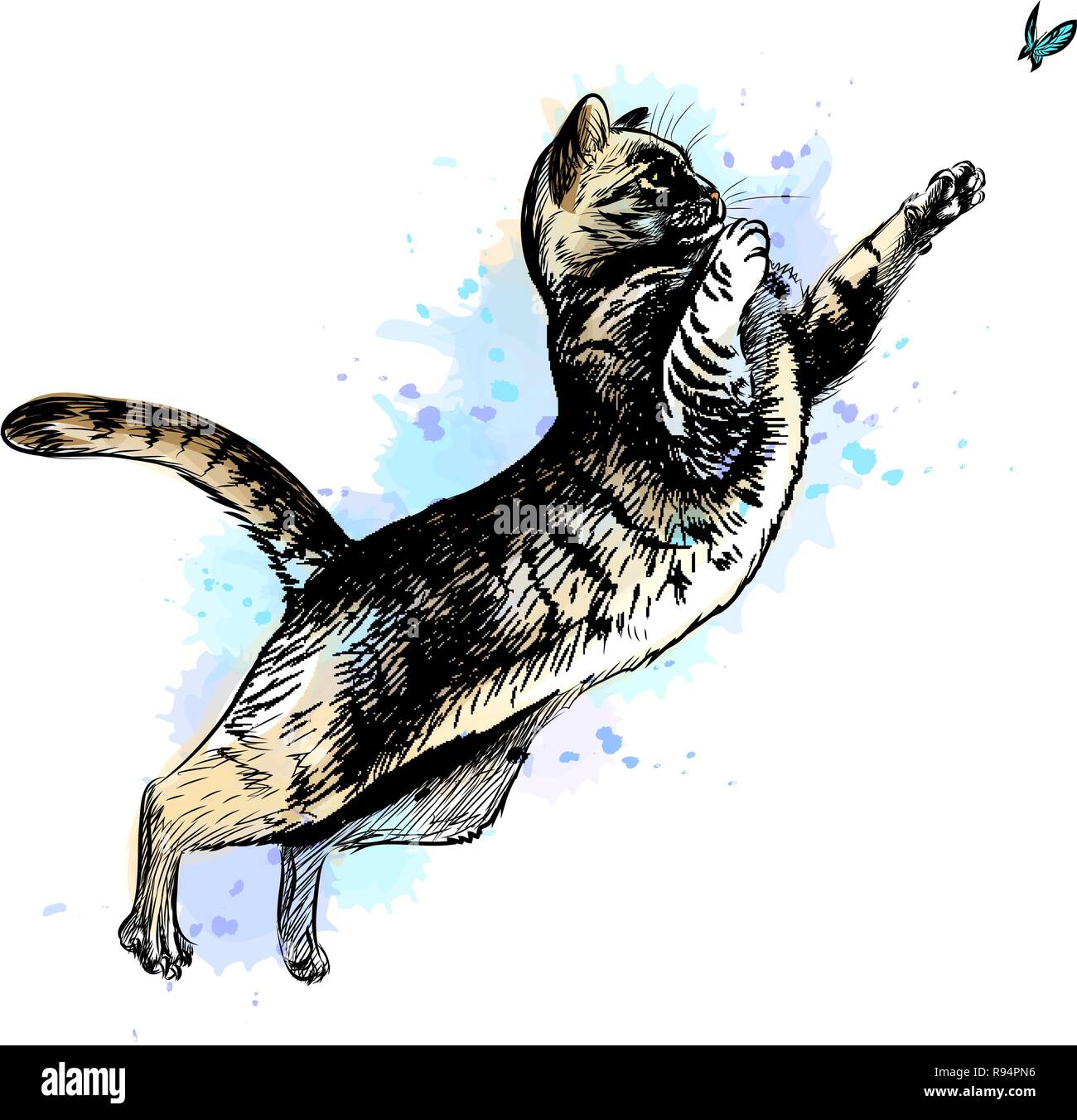 Cat playing with a butterfly from a splash of watercolor Stock Vector ...