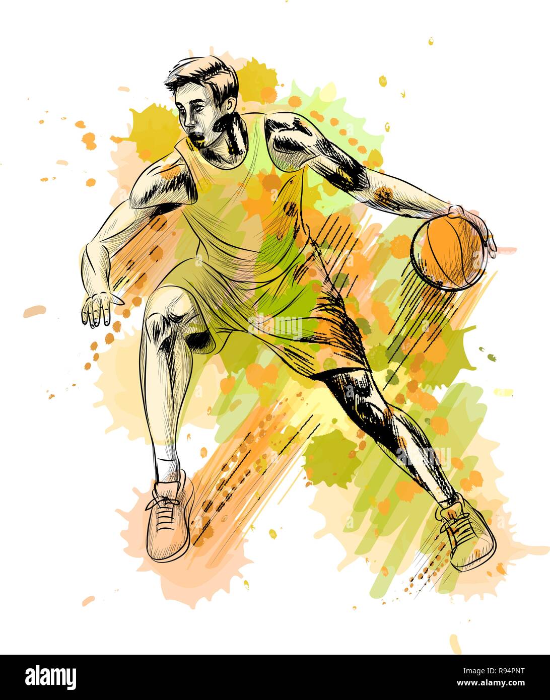 Abstract basketball player with ball from a splash of watercolor Stock ...