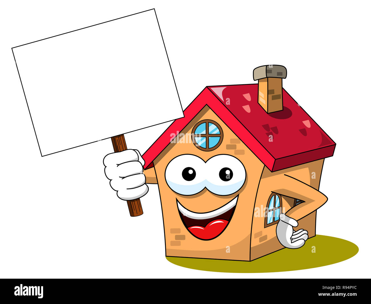 Happy Cartoon fanny house holding blank banner isolated on white Stock ...