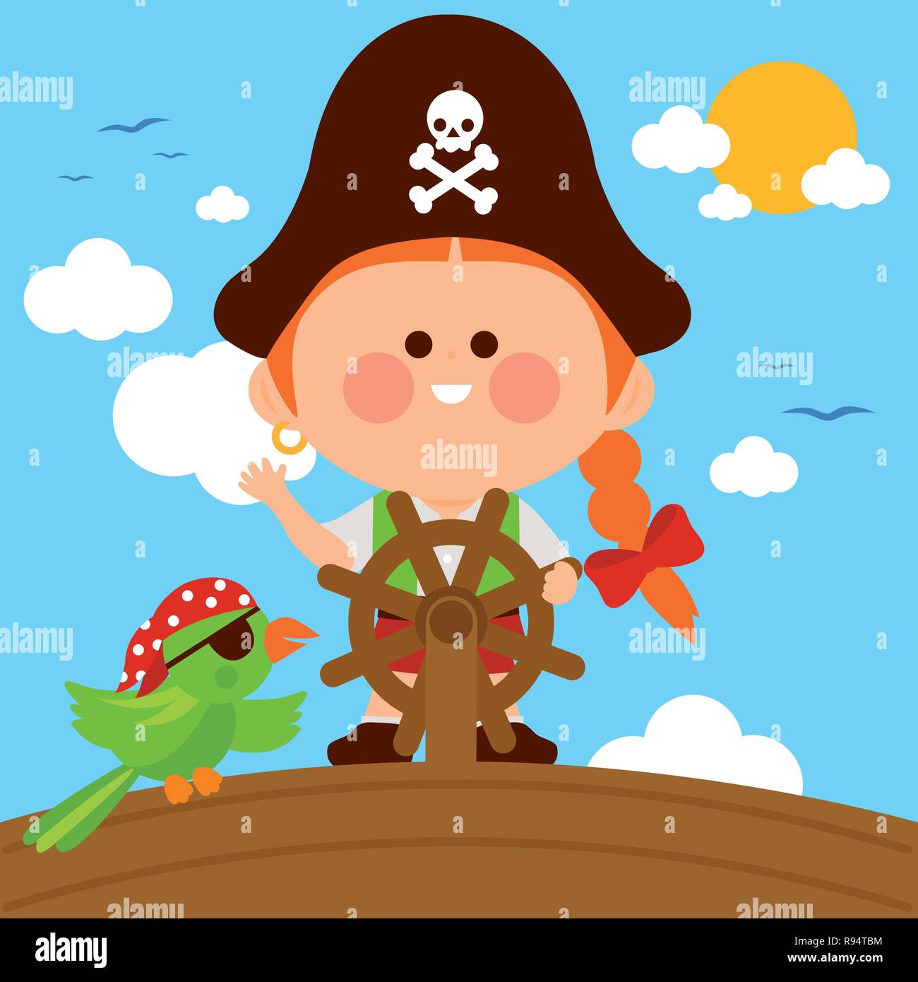Pirate girl captain with a steering wheel sailing on a ship in the sea ...