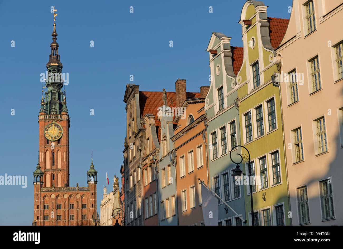 Dlugi Targ Long Market street and Town Hall tower. Gdańsk Poland Stock ...
