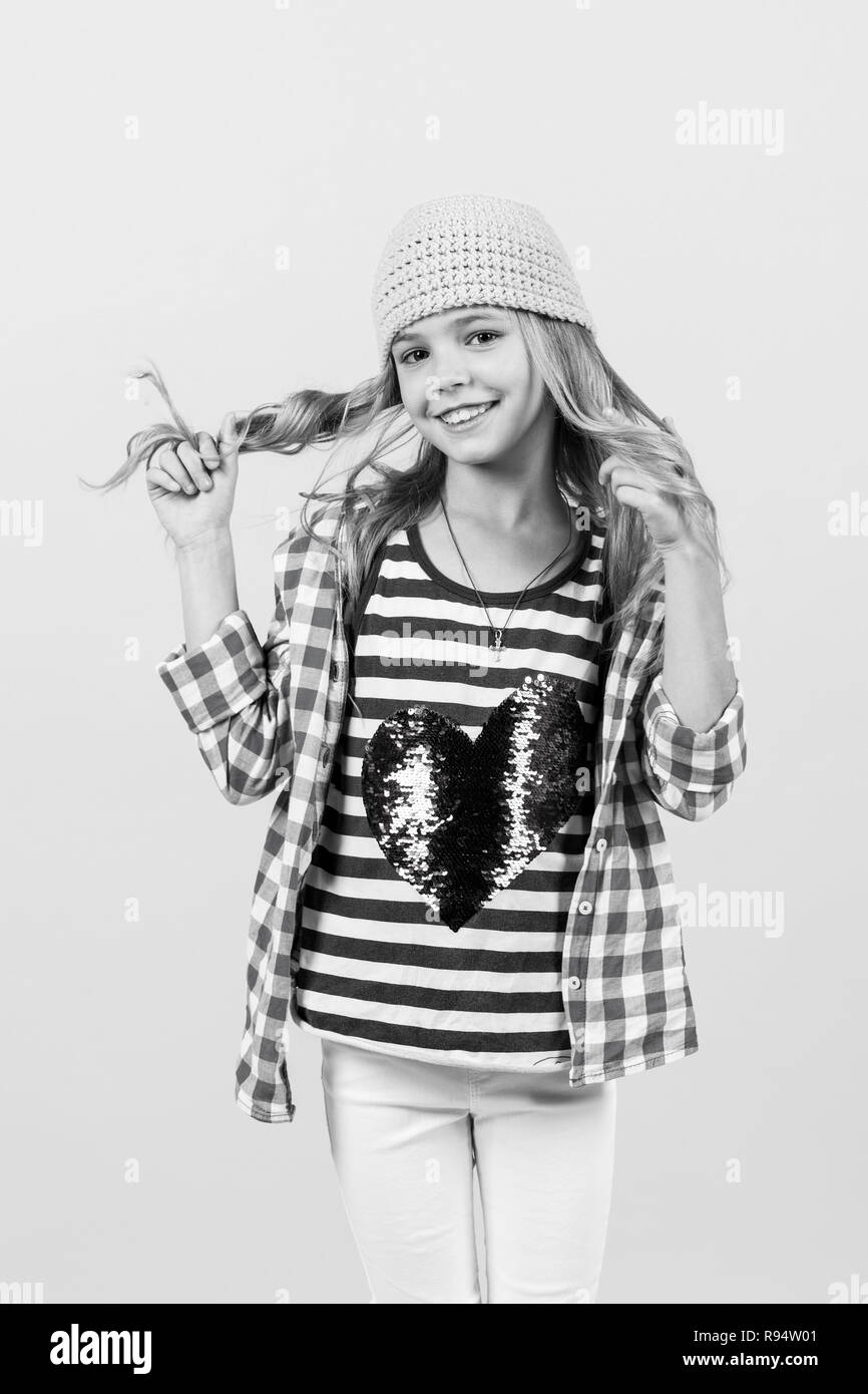 Happy child smiling with long blond hair, beauty. Little girl smile ...