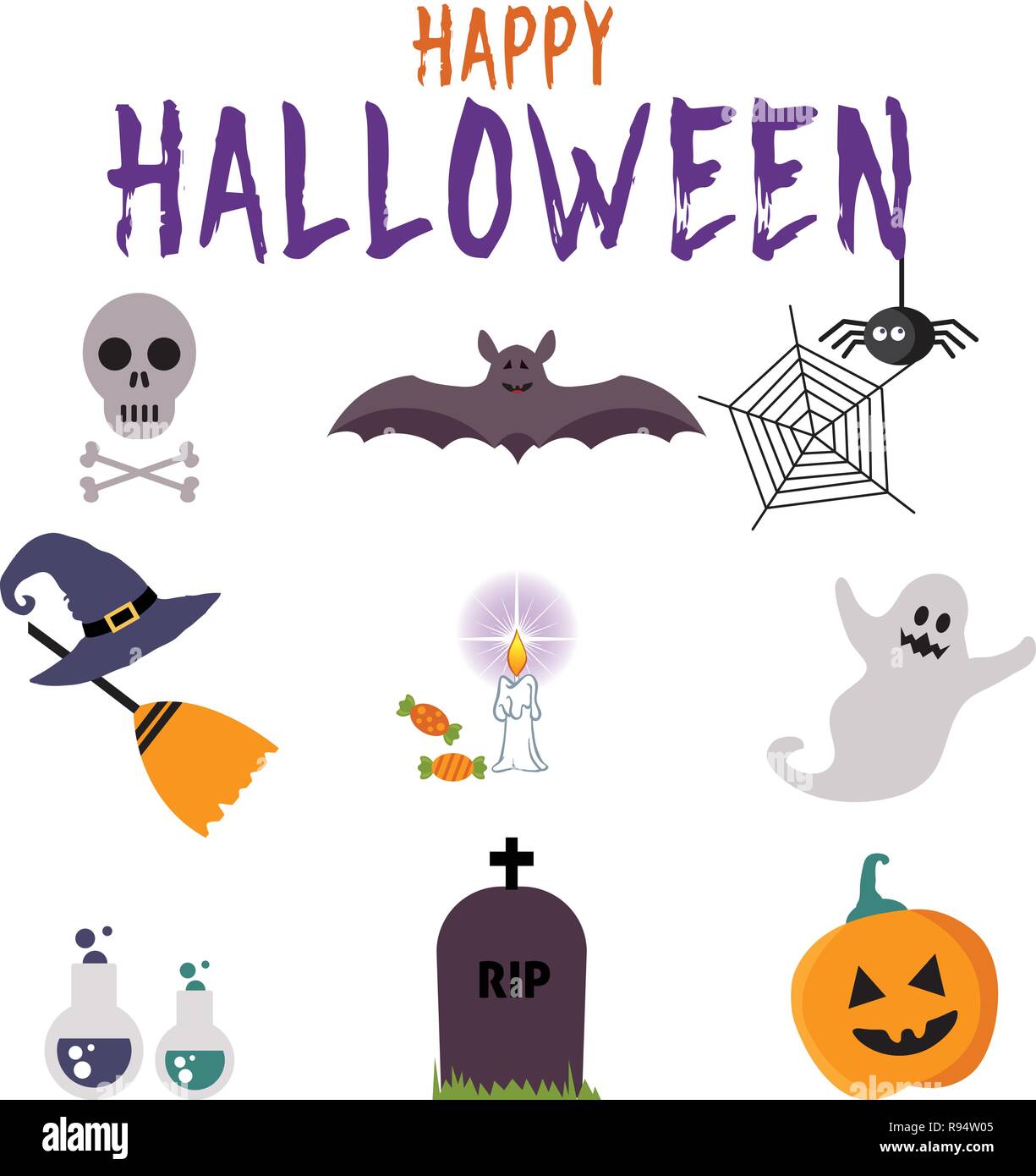 Set of Halloween Fun and Colorful Design Elements and Icons on White ...
