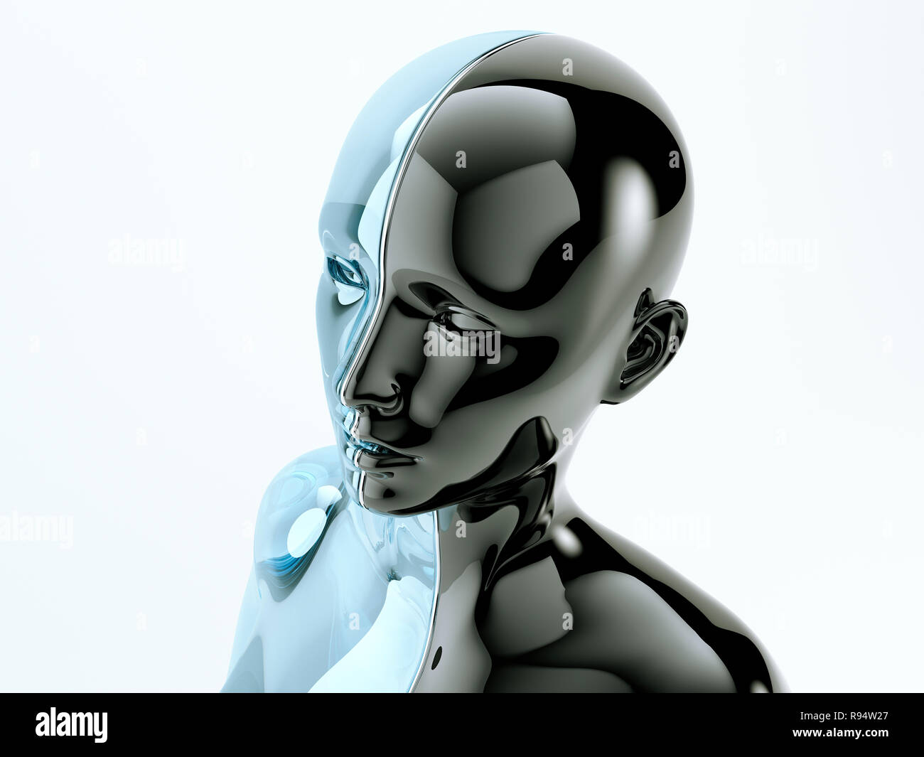 Black and blue glass human head separated by line as symbol of balance ...