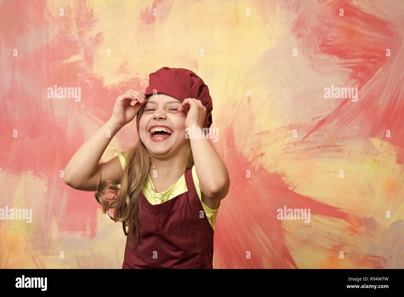 chef kid. chef kid or happy little girl cook in red chef hat and apron ...