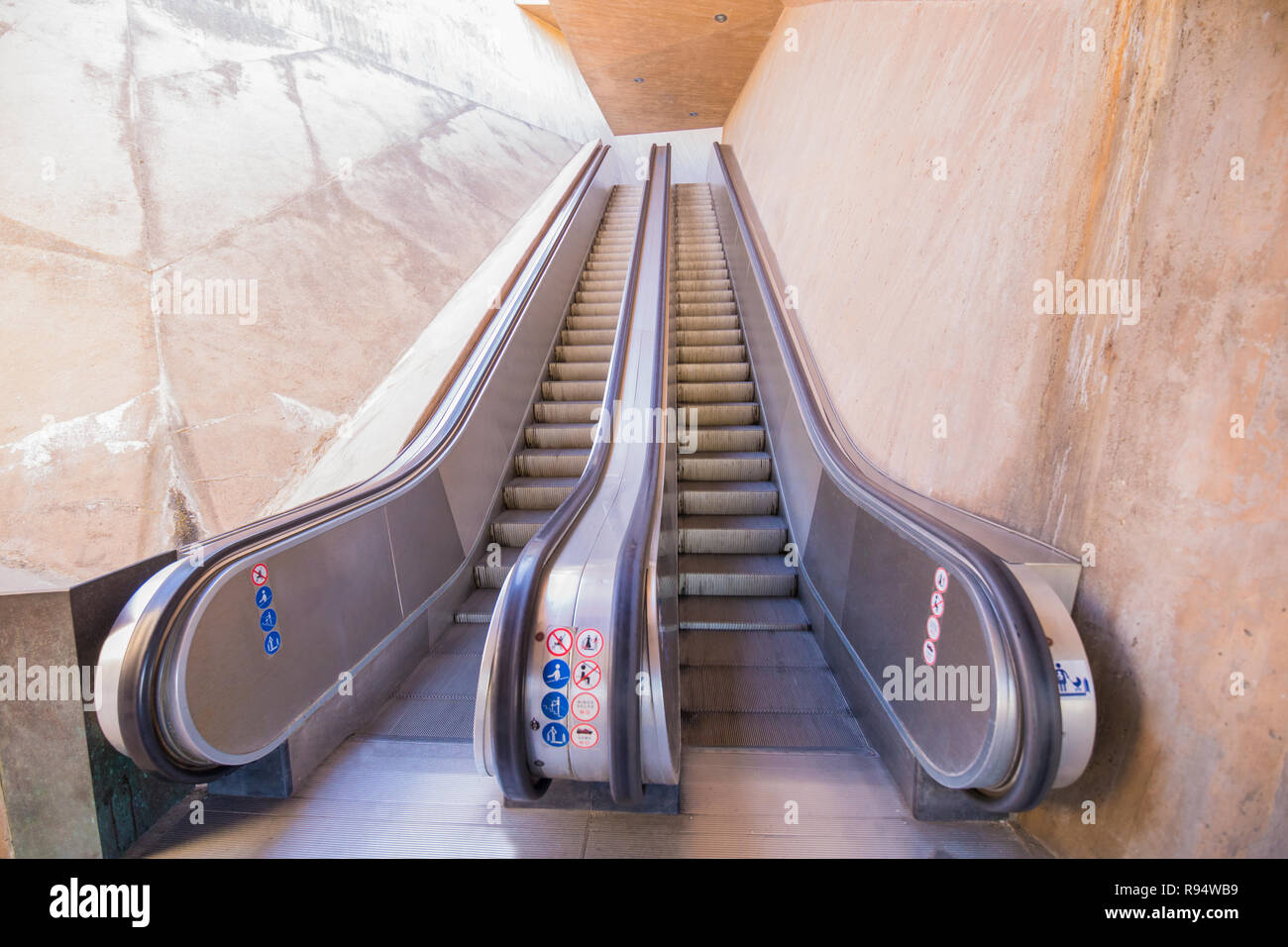 concrete design and modern escalator of Recaredo, public pedestrian ...