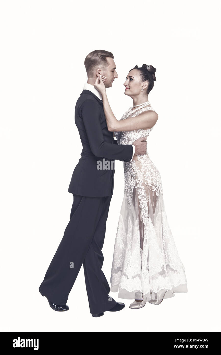 ballrom dance couple in love, touching each other isolated on white ...