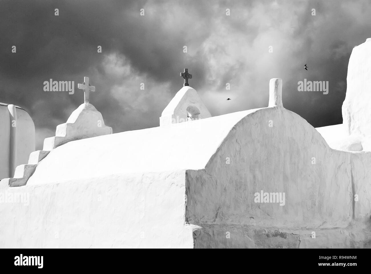 Church dome and crosses in Mykonos, Greece. Chapel building detail ...
