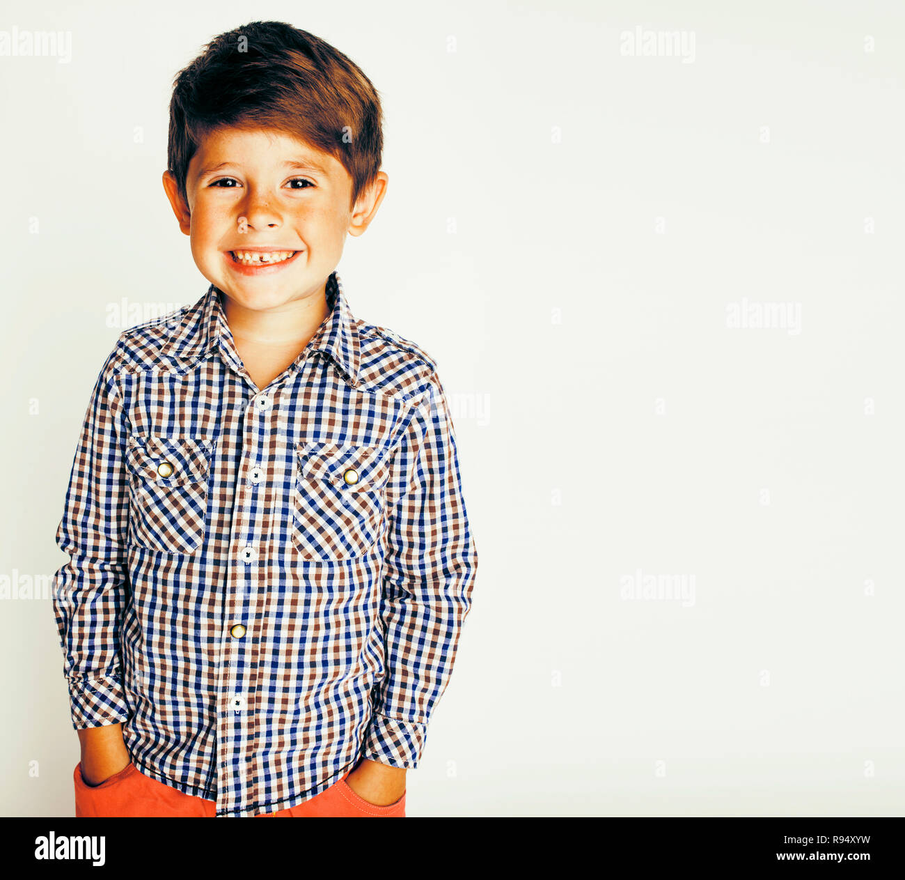 little cute real boy on white background gesture smiling close u Stock ...