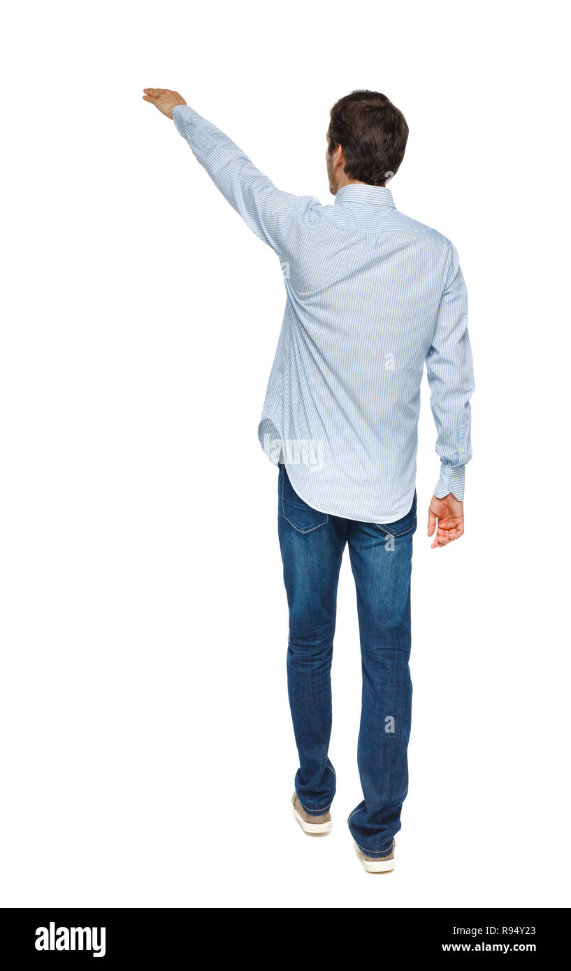 Back view of a man walking with a pointing hand. going guy showing ...