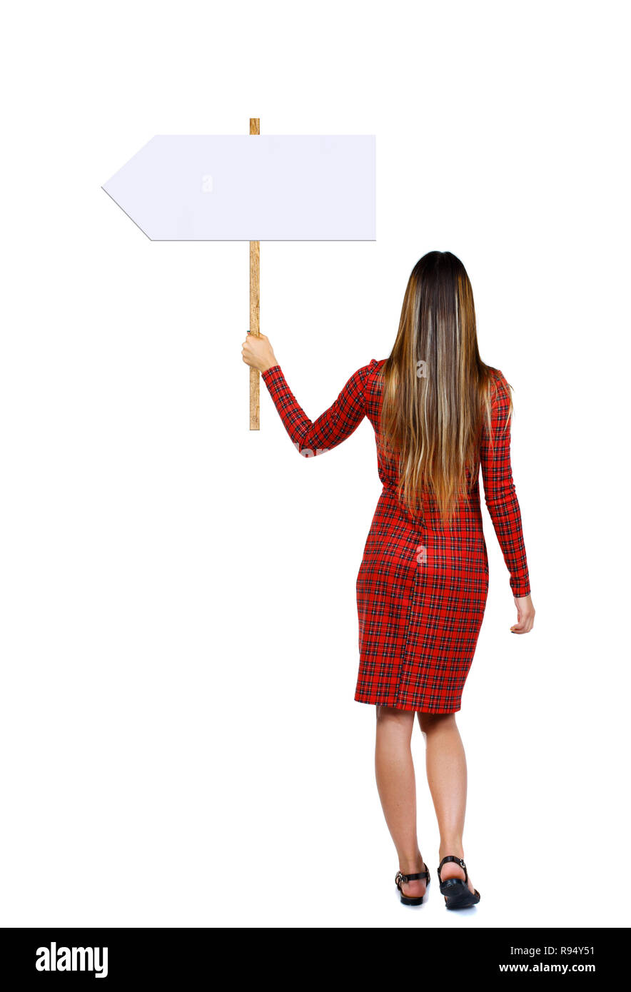 Back view woman showing sign board. man holds information plate. Rear ...