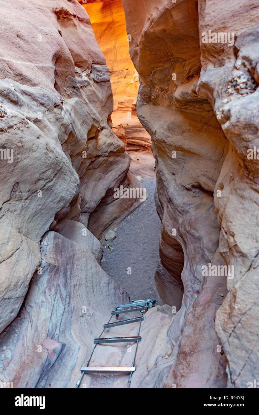 Metal ladder attached to rocks in Red Canyon. Red Canyon is one of ...