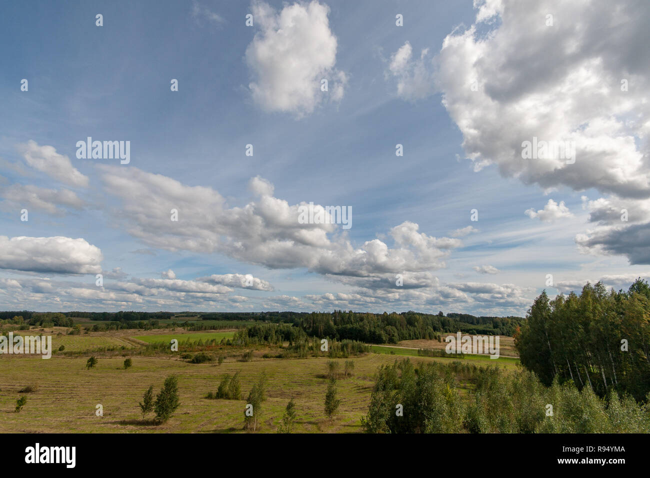 high contrast clouds on blue sky over natural landscape in summer at ...