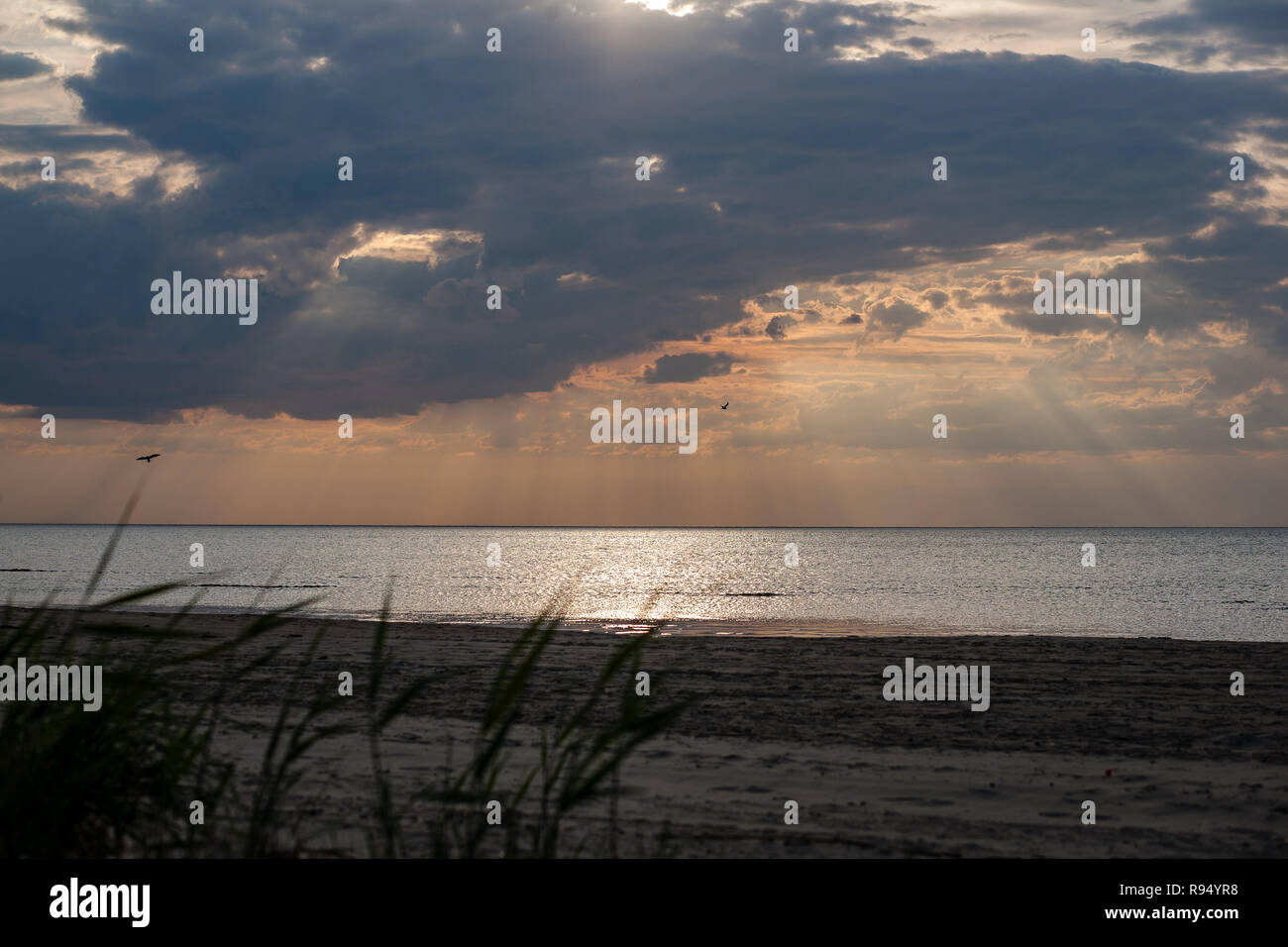 dramatic high contrast clouds in sunset over seaside beach with sand ...