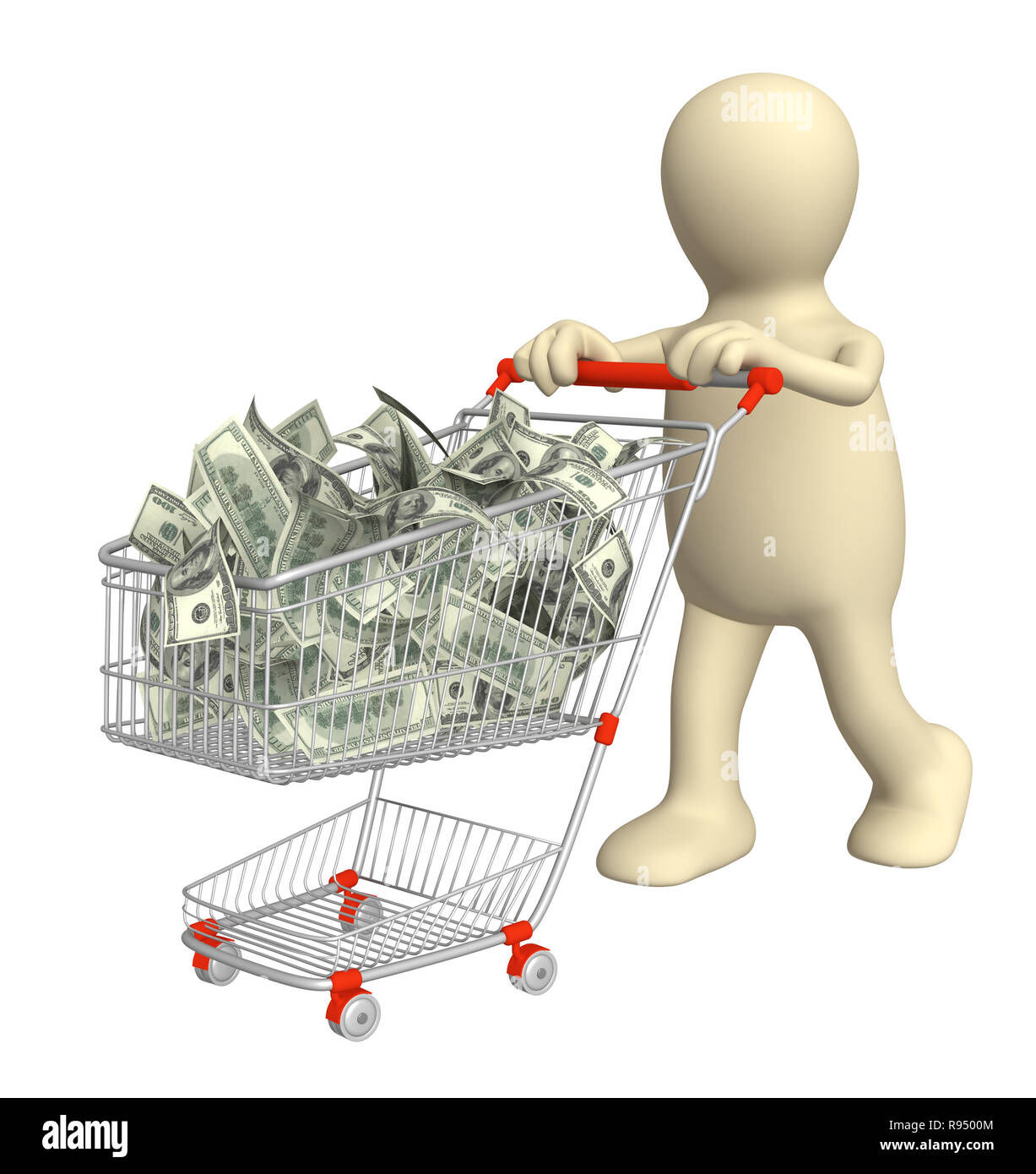 Puppet with shopping cart and dollars. Isolated over white Stock Photo ...