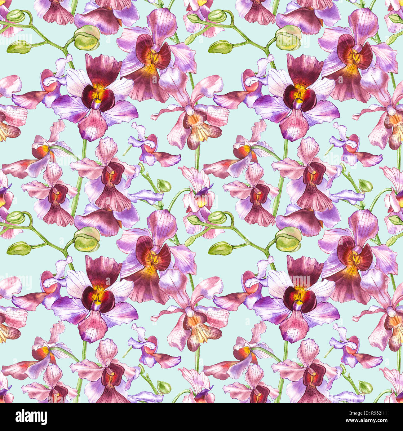 Watercolor orchid branch, hand drawn floral seamless pattern background ...