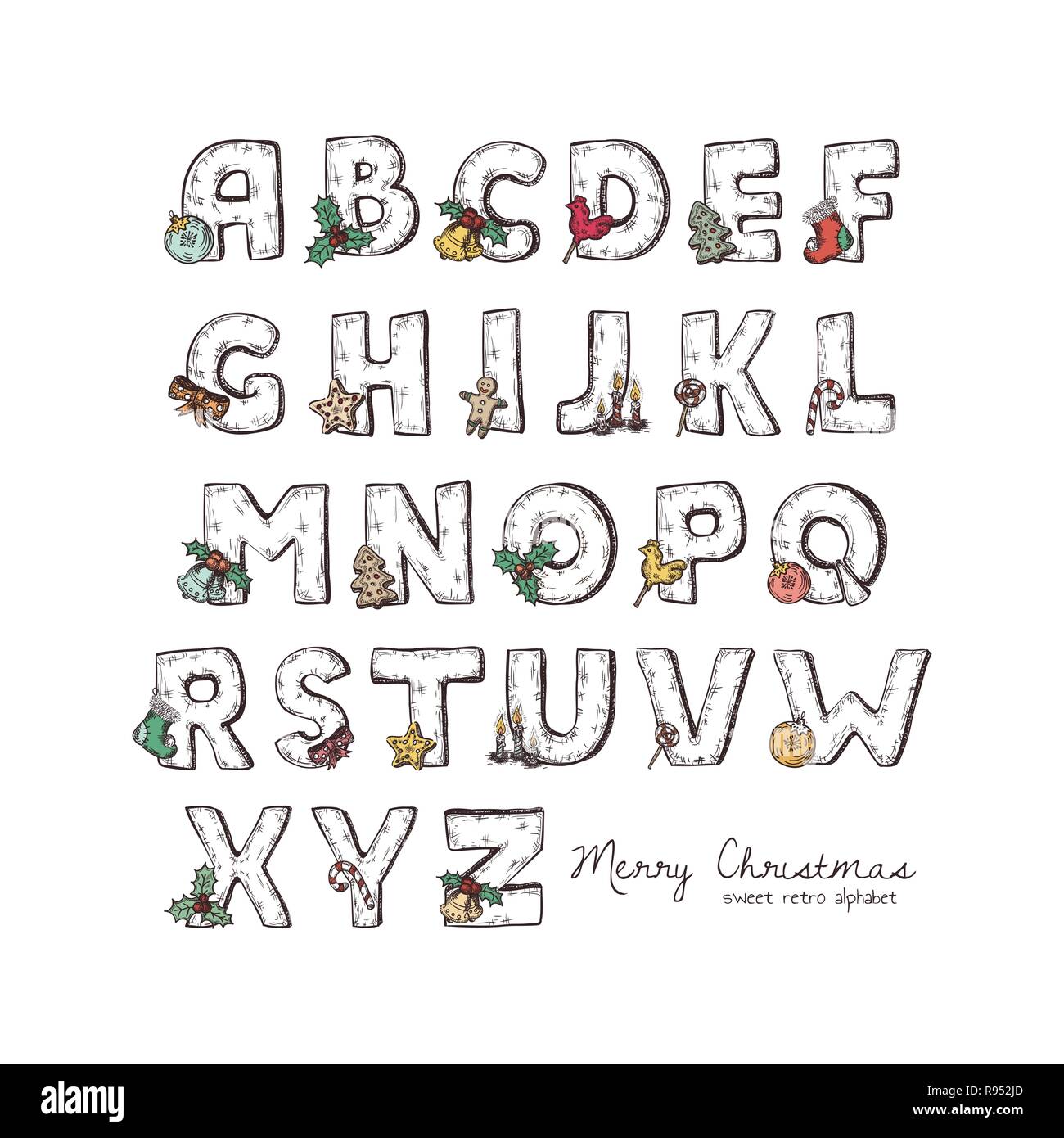 Full set of Christmas alphabet vector winter holidays sketched letters ...