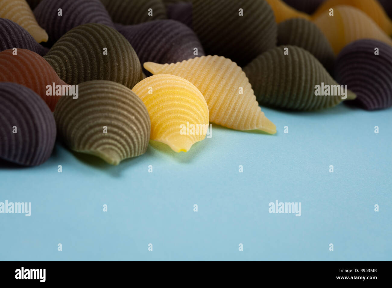 Conchiglie Rigate pasta shells closeup on blue background with copy ...