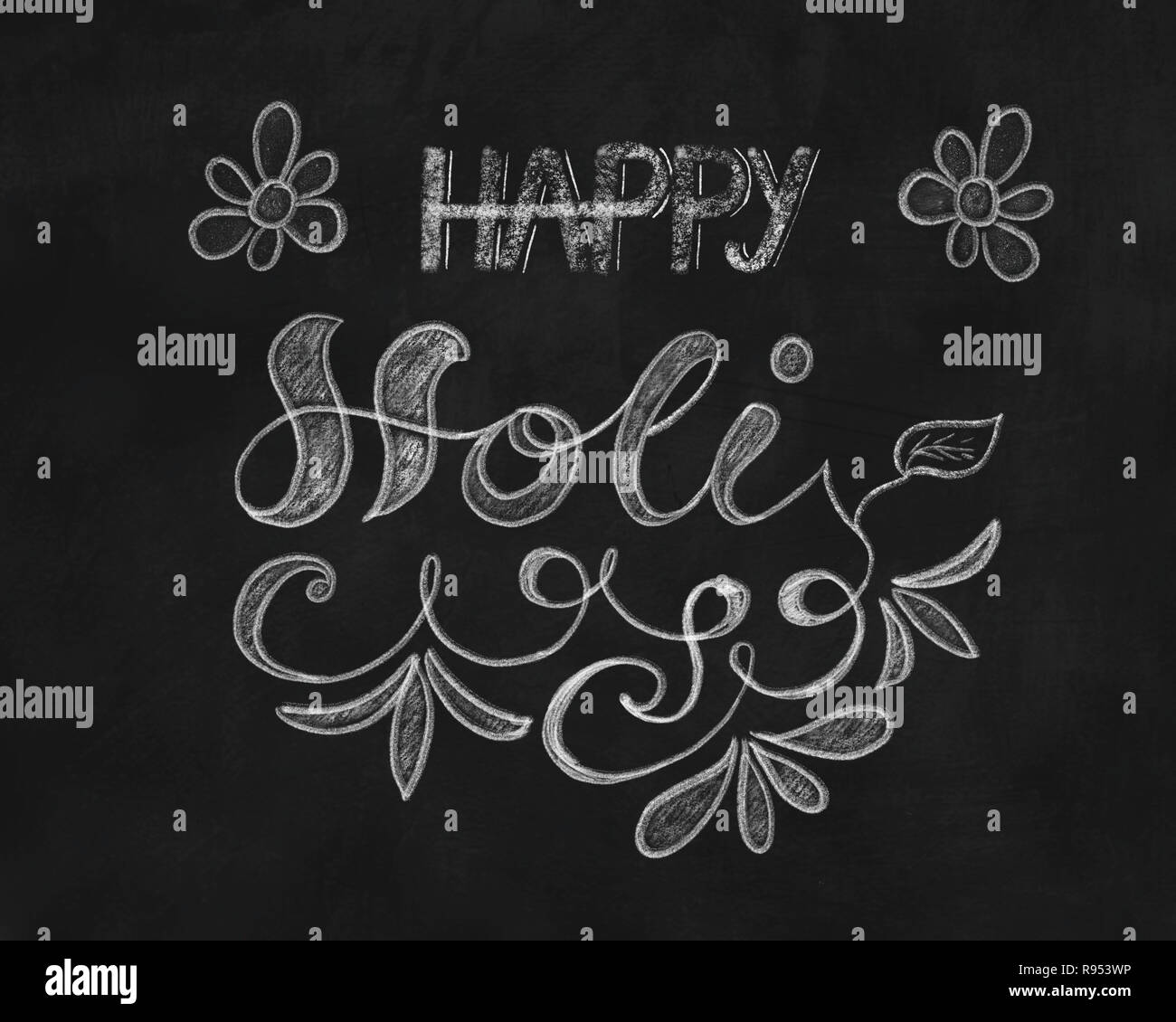 Happy Holi chalk hand lettering with ornaments on black background ...