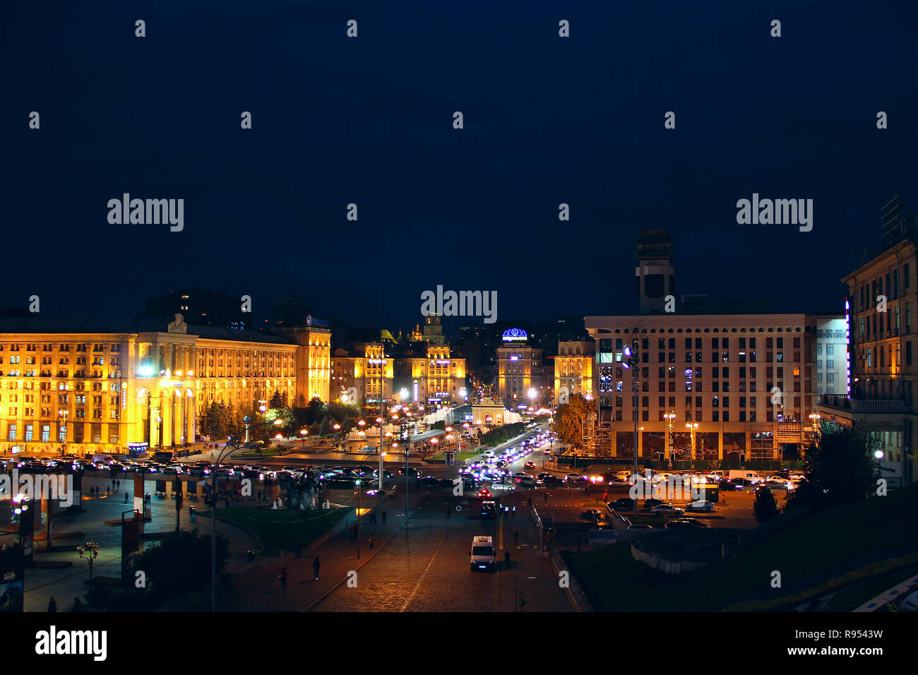 Panorama of Independence Square in Kyiv at night. Lights of night city ...