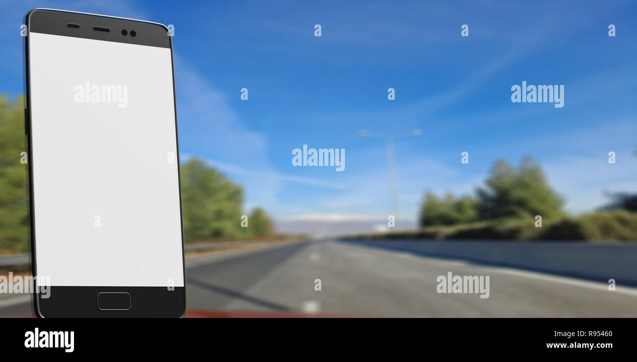Driving and phones concept. Blank screen smartphone, billboard mockup ...