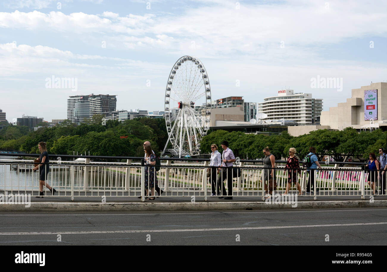Morning commuters walking across Victoria Bridge, Brisbane, Queensland ...