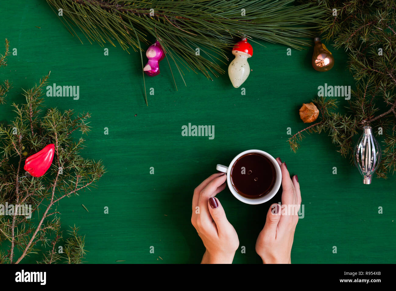 women's hands Christmas background new year tree decoration winter ...