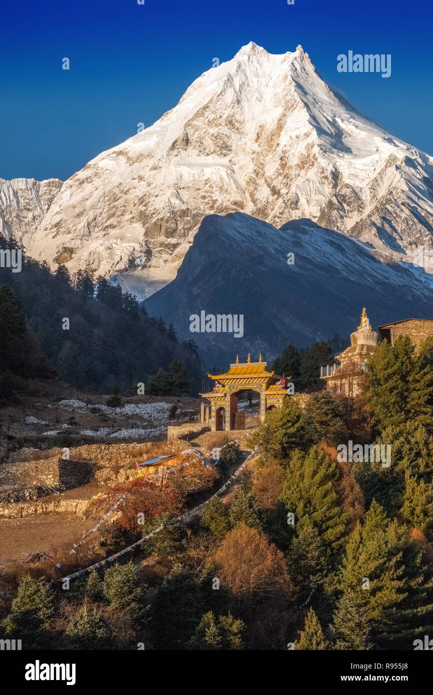 on the Manaslu Circuit trekking route. Manaslu peak in distance with ...