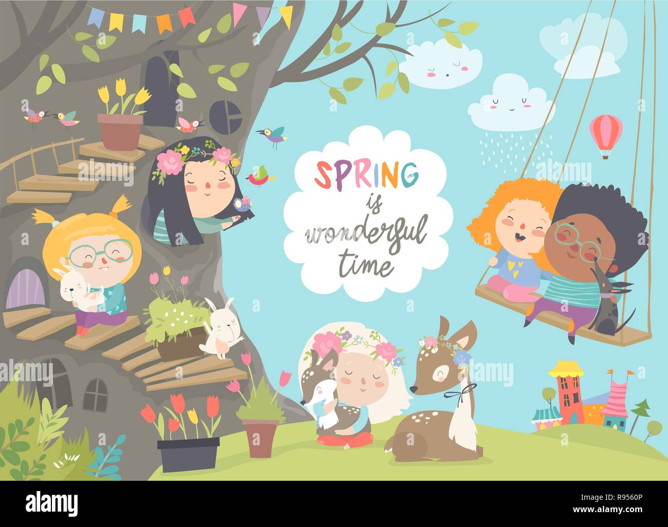Cute cartoon children with animals in spring forest Stock Vector Image ...