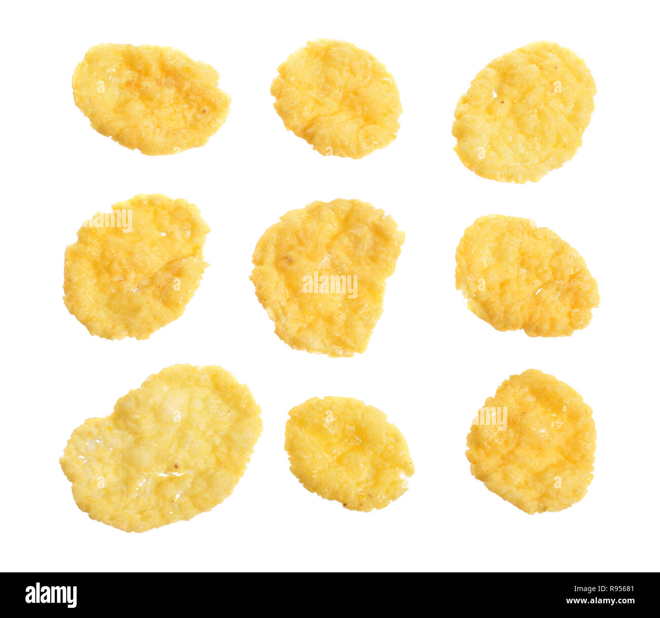 Corn flakes. Isolated set on white background Stock Photo - Alamy