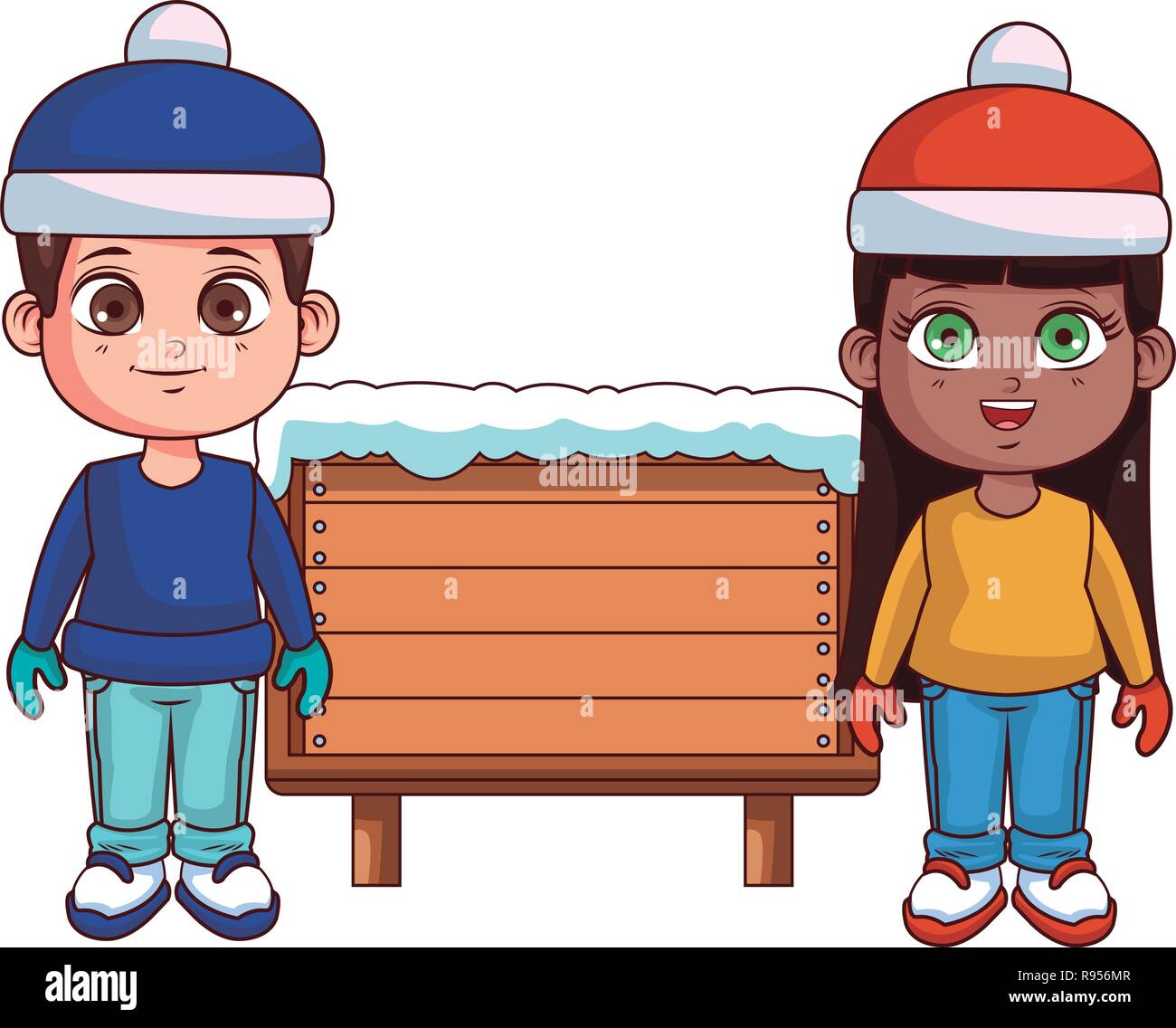 Boy and girl with winter clothes and wooden sign Stock Vector Image ...