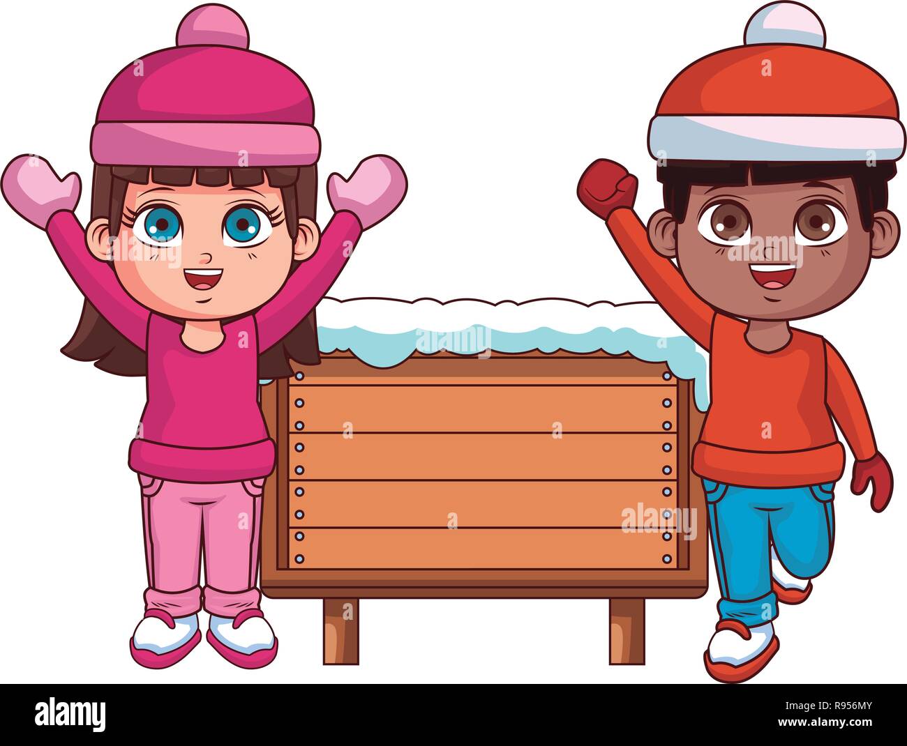 Boy and girl with winter clothes and wooden sign Stock Vector Image ...